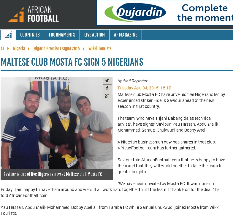 African website gives prominence to Mosta F.C's five new Nigerian ...