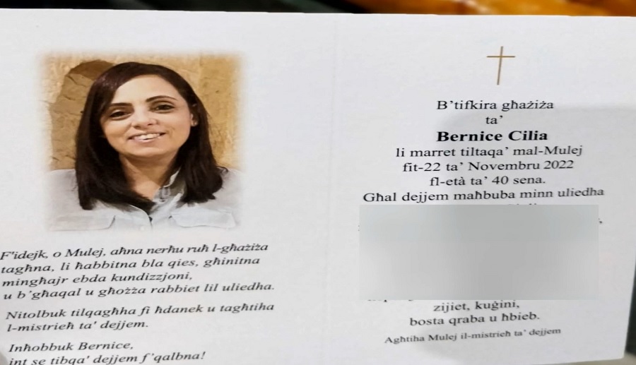 Alleged killer's surname cancelled from Bernice memorial card - TVMnews.mt