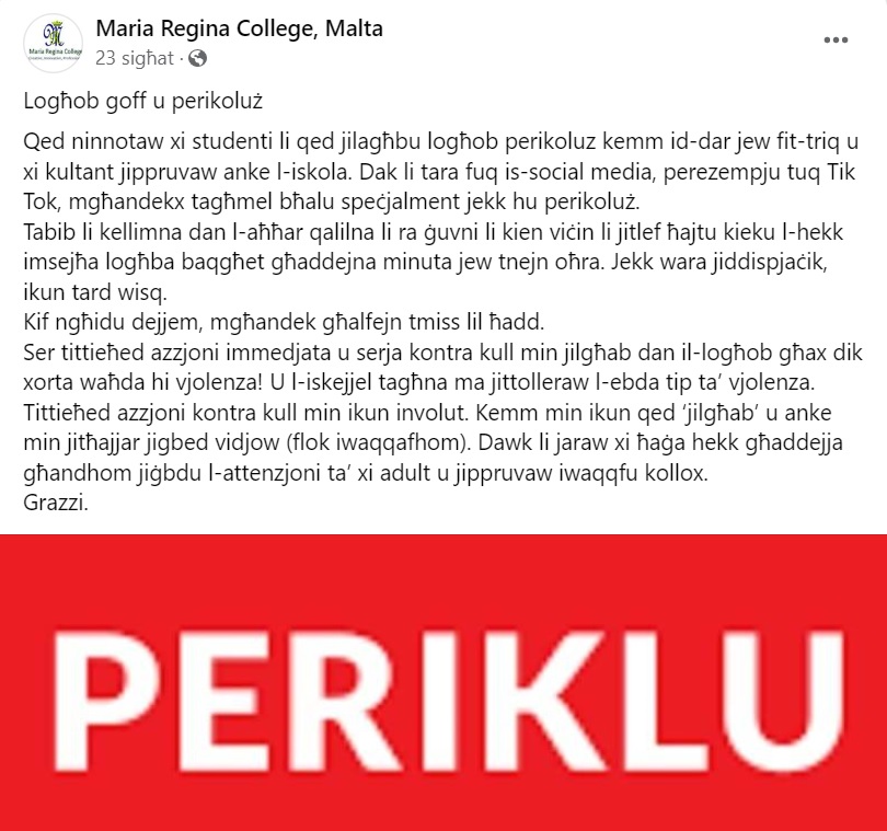 Kulleġġ iwissi dwar logħba perikoluża li kienet se tiswa ħajja ta ...